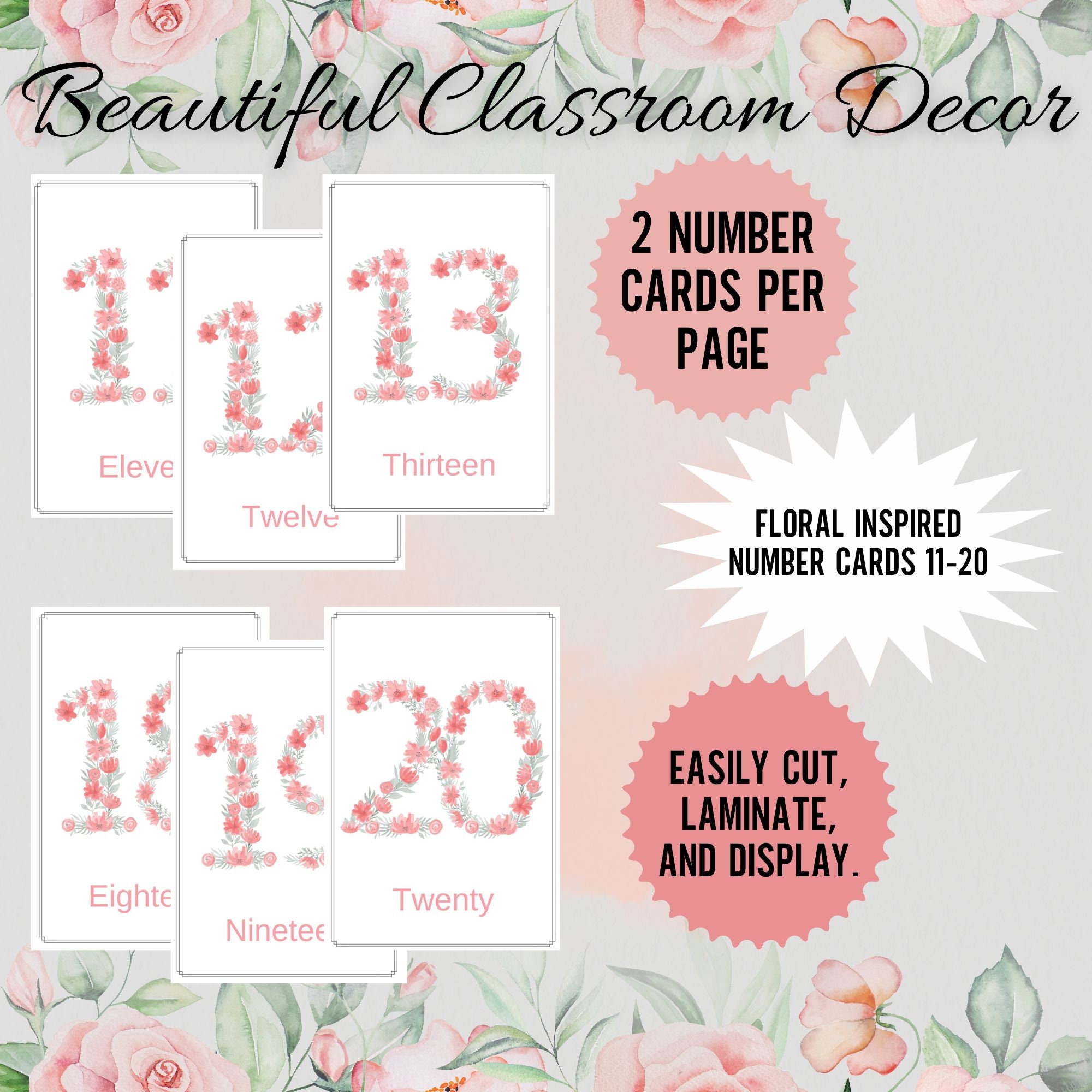 Floral Number Flashcards 11-20: Preschool Counting (PDF) - Etsy