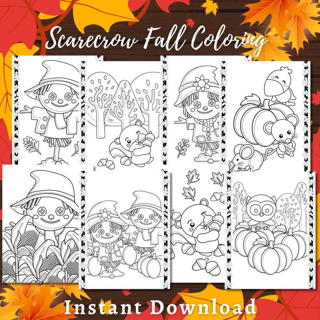 Fall Scarecrow Coloring Pages: Autumn Animals (digital Download) - Etsy