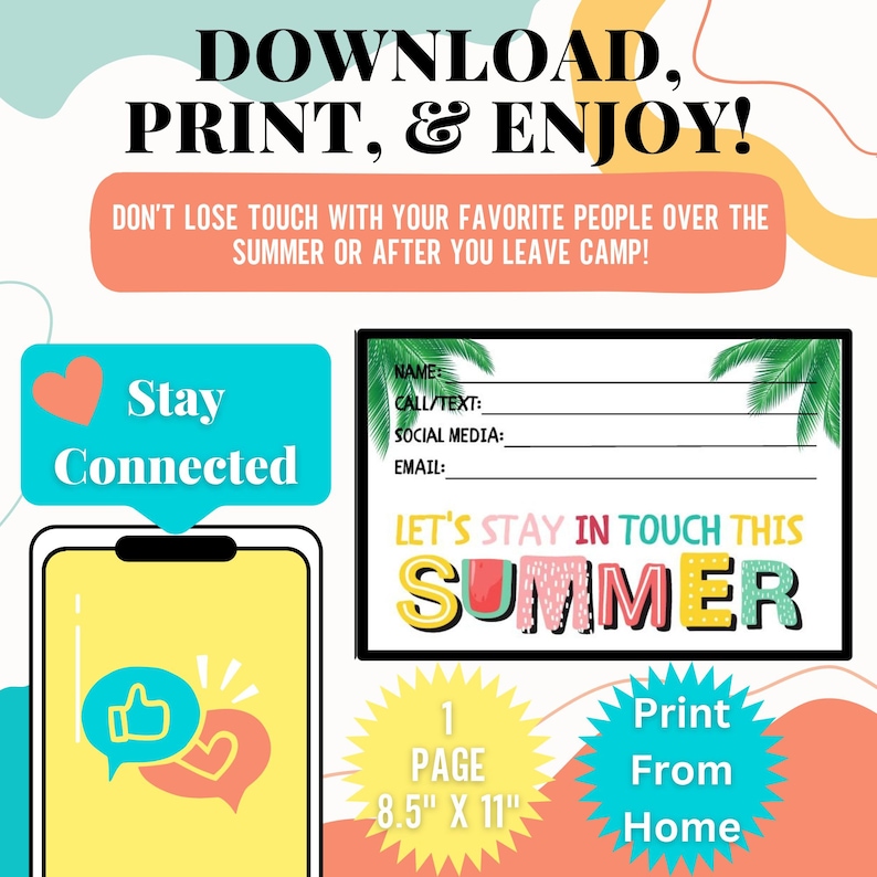 Colorful Printable Summer Contact Cards - Play Date Calling Cards for ...