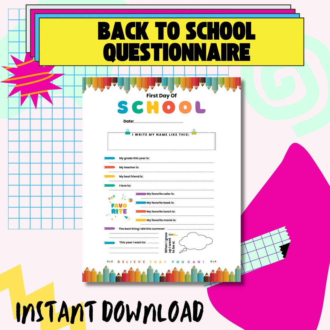 First Day of School Questionnaire: Printable Back to School Activity ...