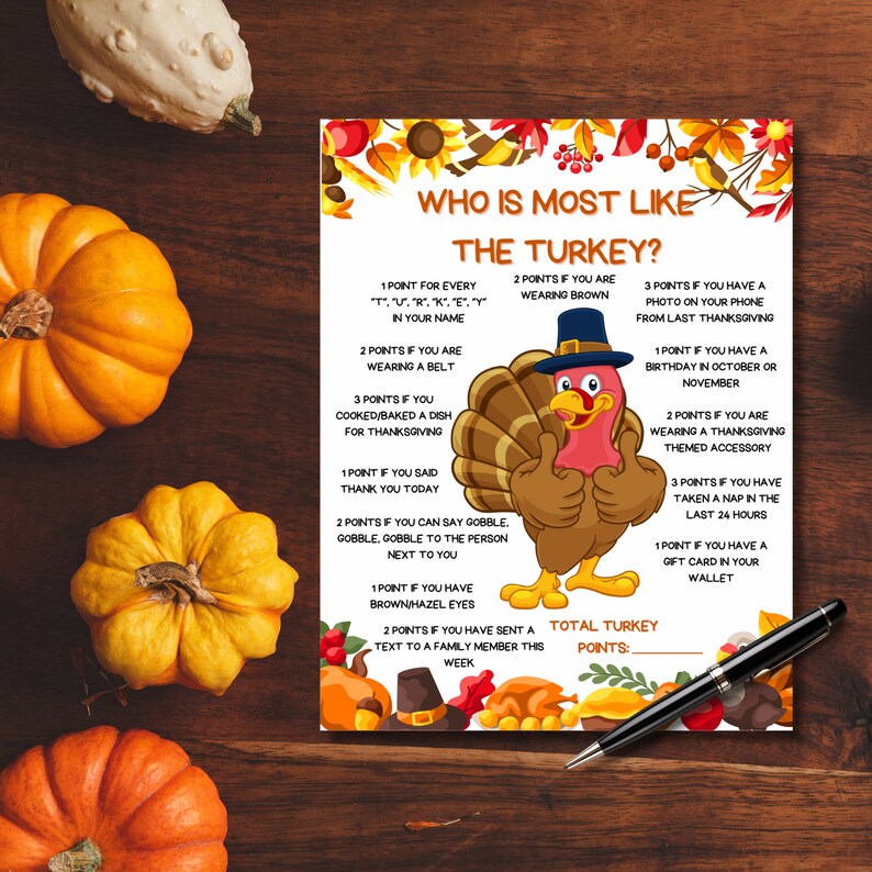 Thanksgiving Game: Who is Most Like the Turkey? (printable Digital ...