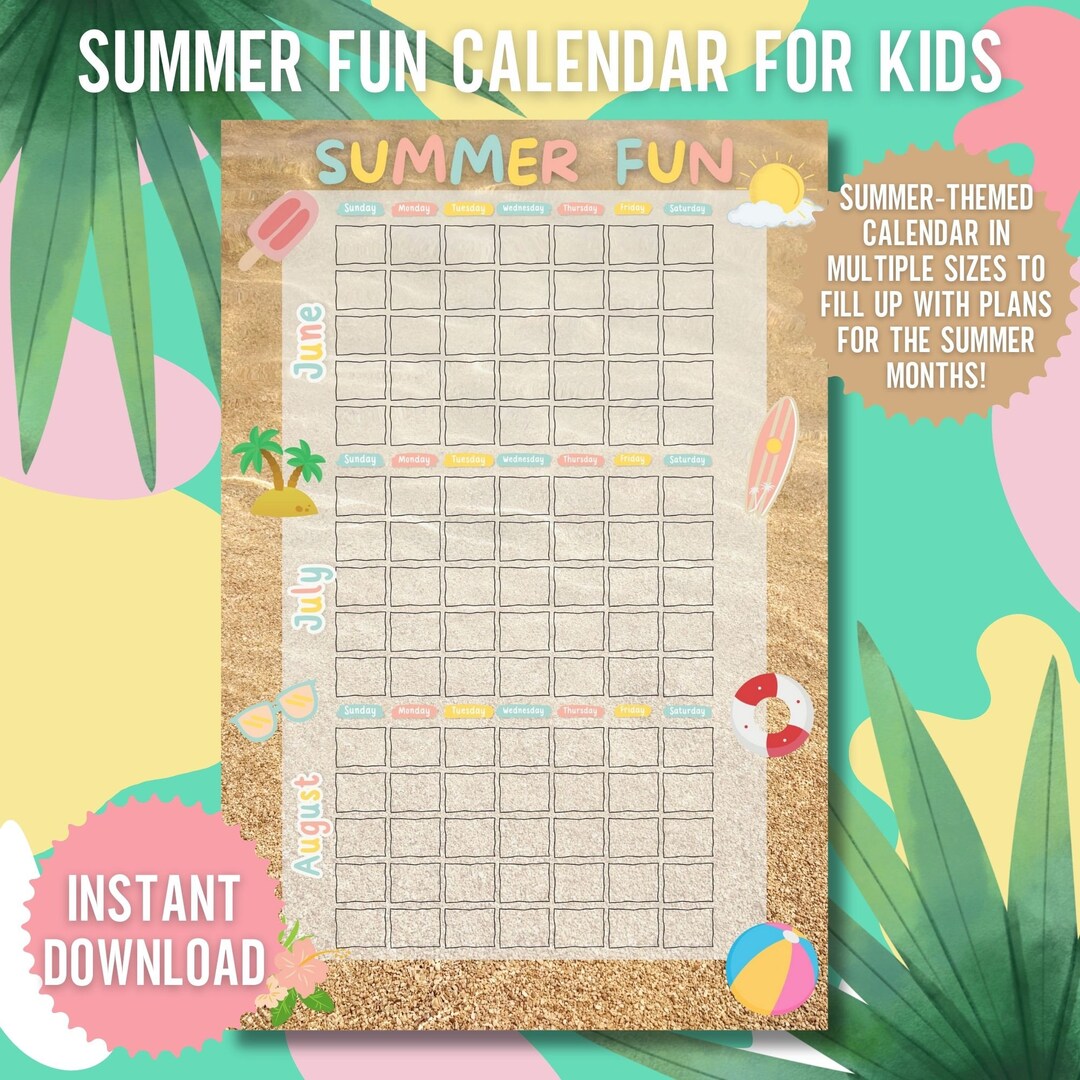 Pastel Summer Calendar for Kids: Beach Theme (digital Download) - Etsy
