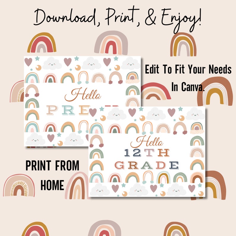 Boho Rainbow Back to School Sign: Pre-k - 12th Grade (digital Download ...