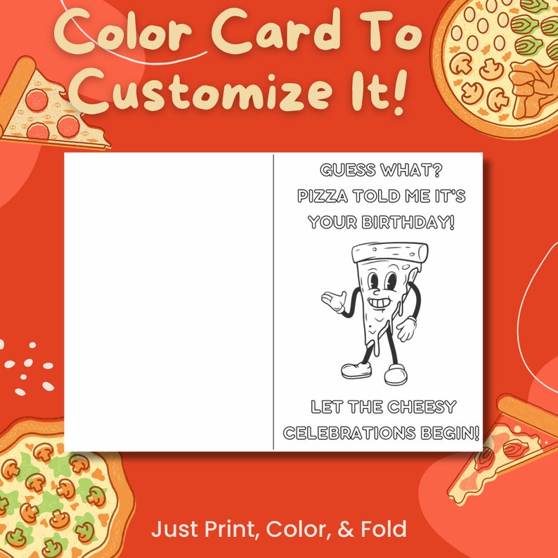 Pizza Birthday Card, Color Your Own Card,coloring Birthday Card,diy ...