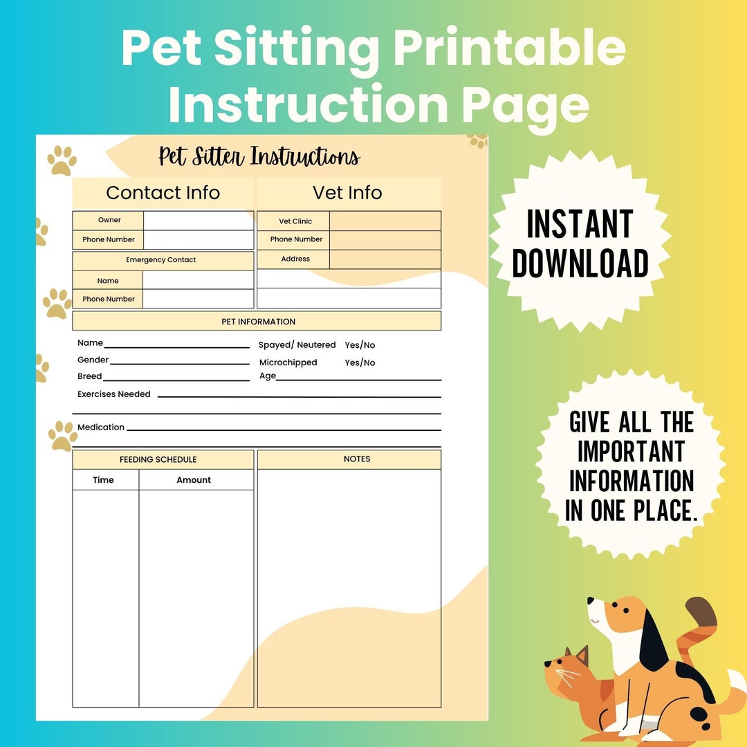 Pet Sitter Instructions Template: Dog & Cat Care (digital Download) - Etsy