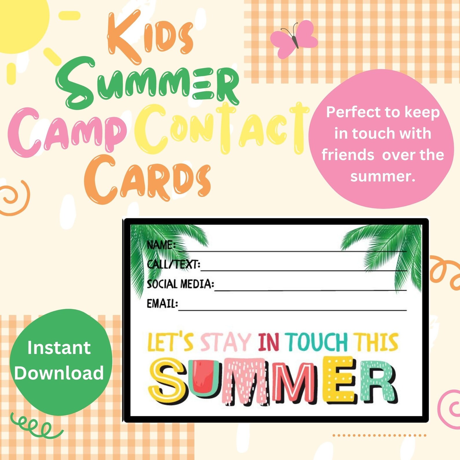 Printable Summer Contact Card, Kids Summer Contact Card, Play Date ...