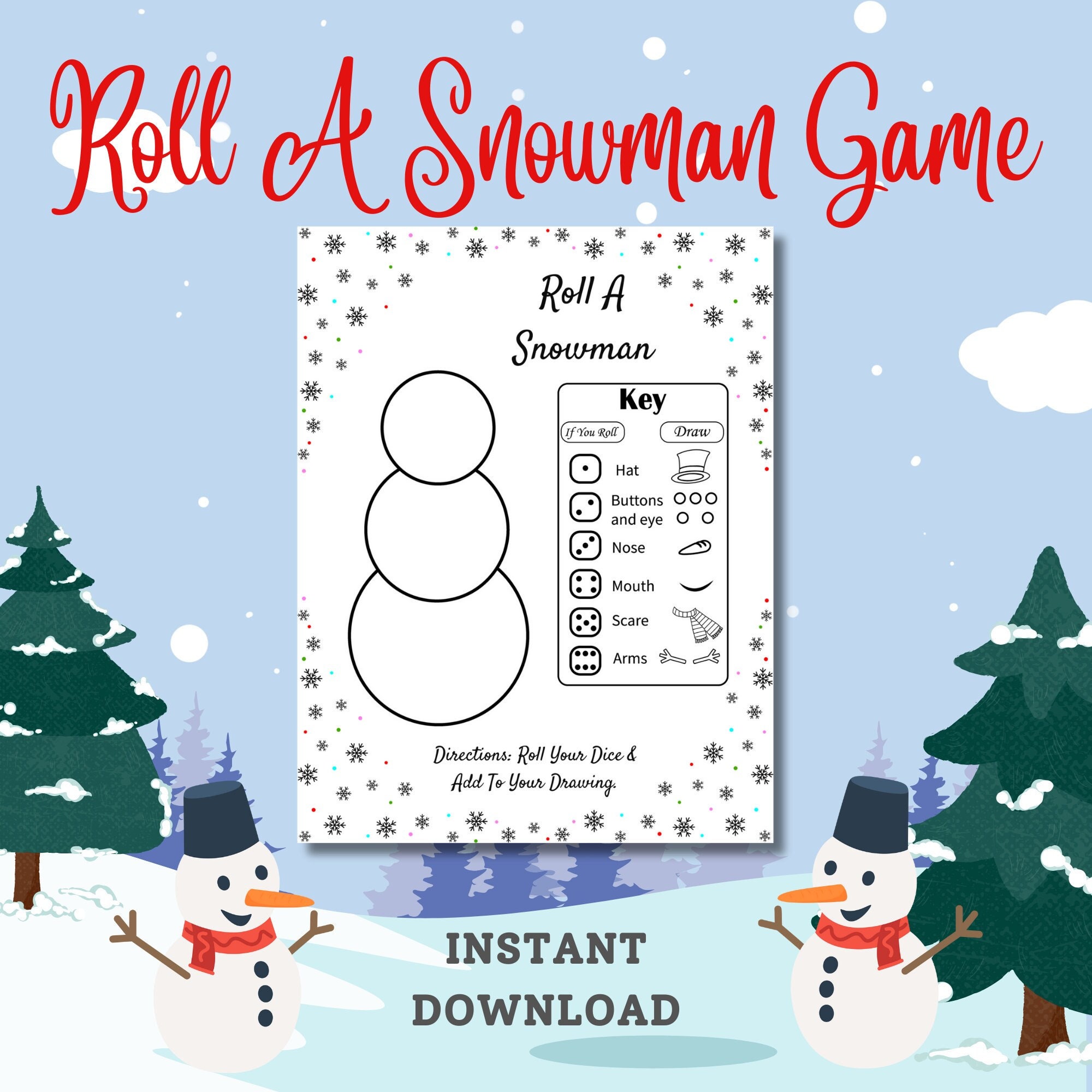 Roll A Snowman Game Printable: Winter Kids Activity (digital Download ...