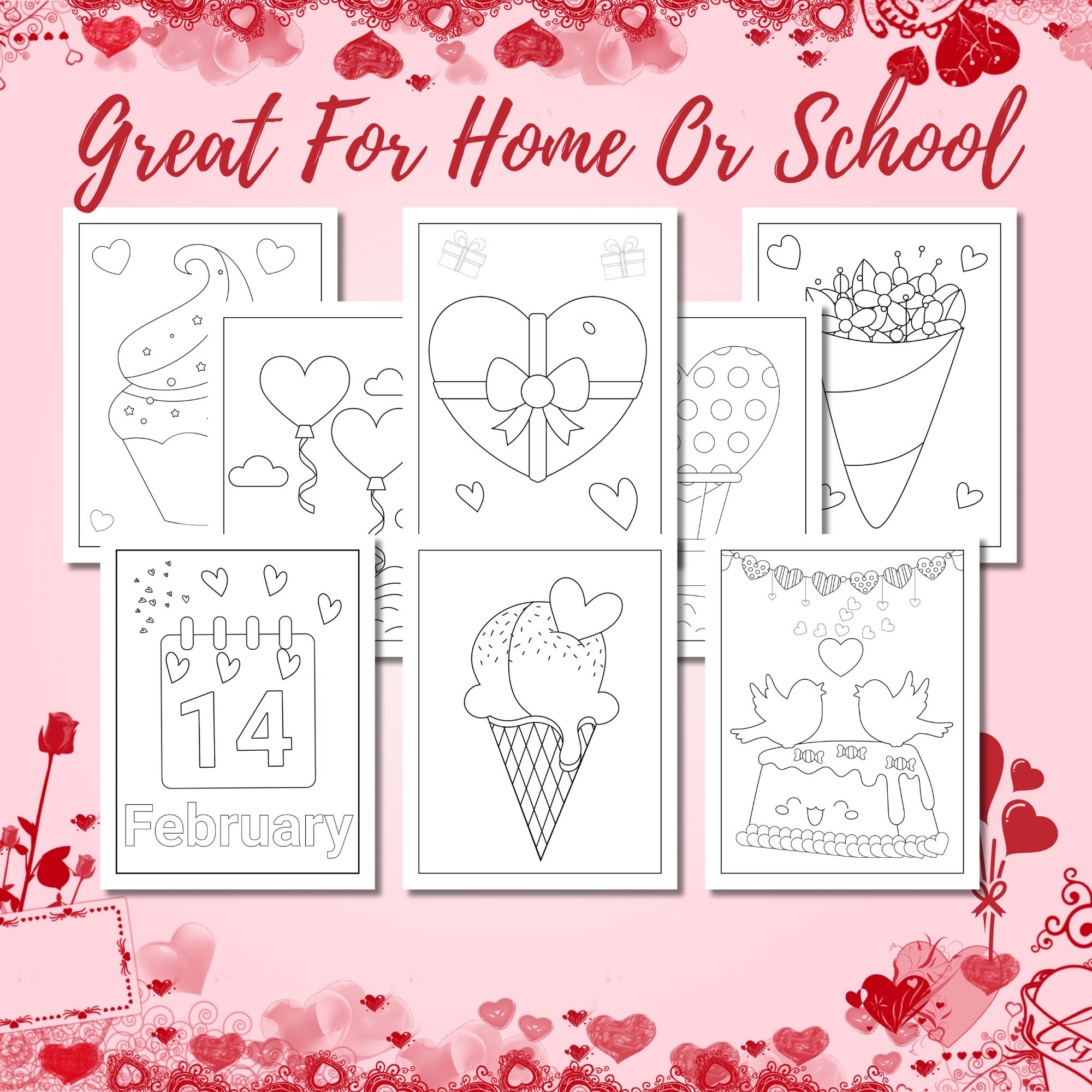 Digital Printable Valentines Day Coloring Pages, Valentine Preschool ...
