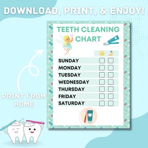 Kids Teeth Cleaning Chart, Brushing Teeth Chart, Oral Hygiene, Brush ...