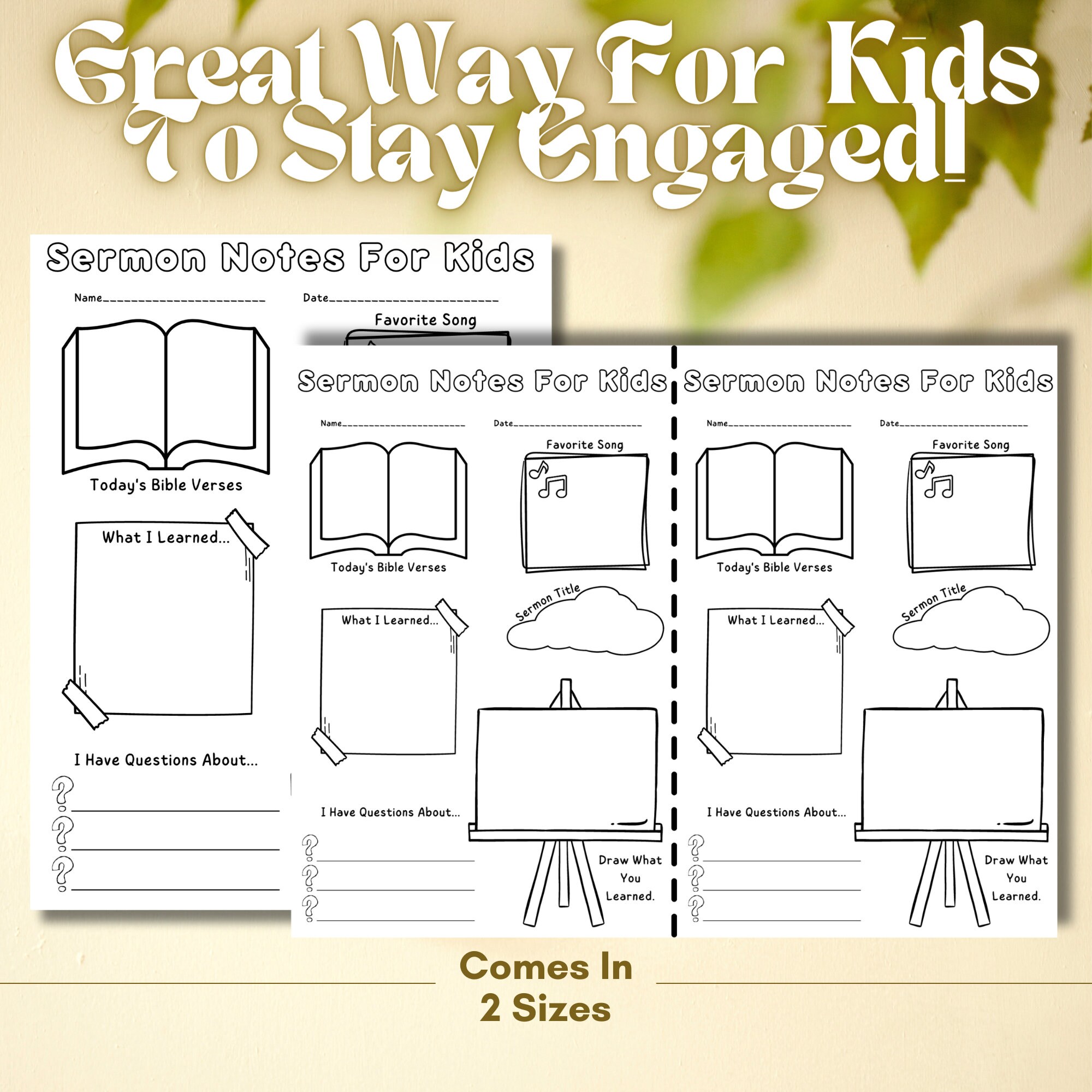 Kids Sermon Notes Printable: Church Activity Pages (digital Download ...