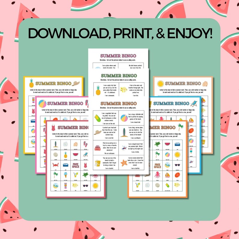 Summer Bingo Game for Kids: Printable Activity (digital Download) - Etsy