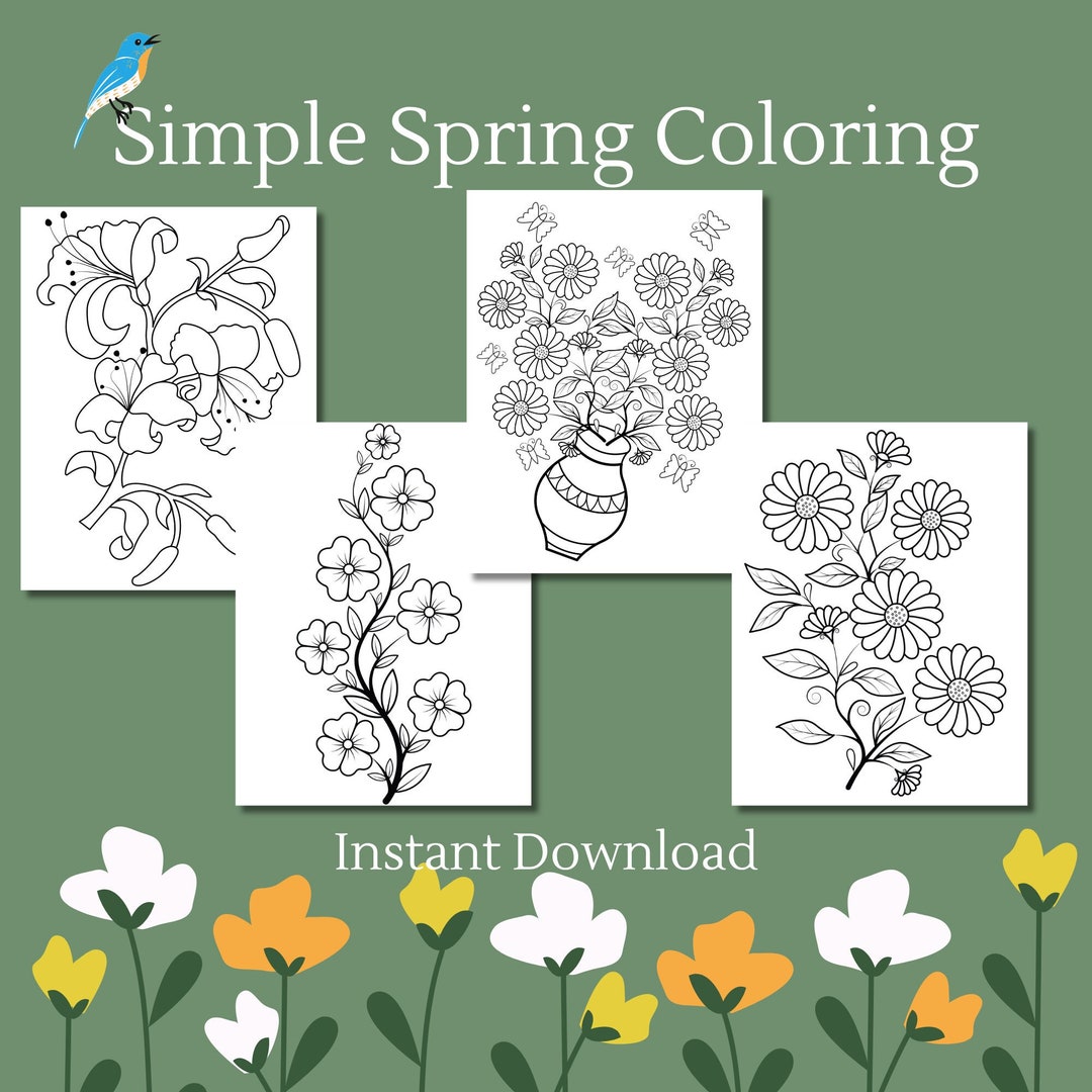 Spring Illustrations Coloring Page Set,simple Spring Coloring, Spring ...
