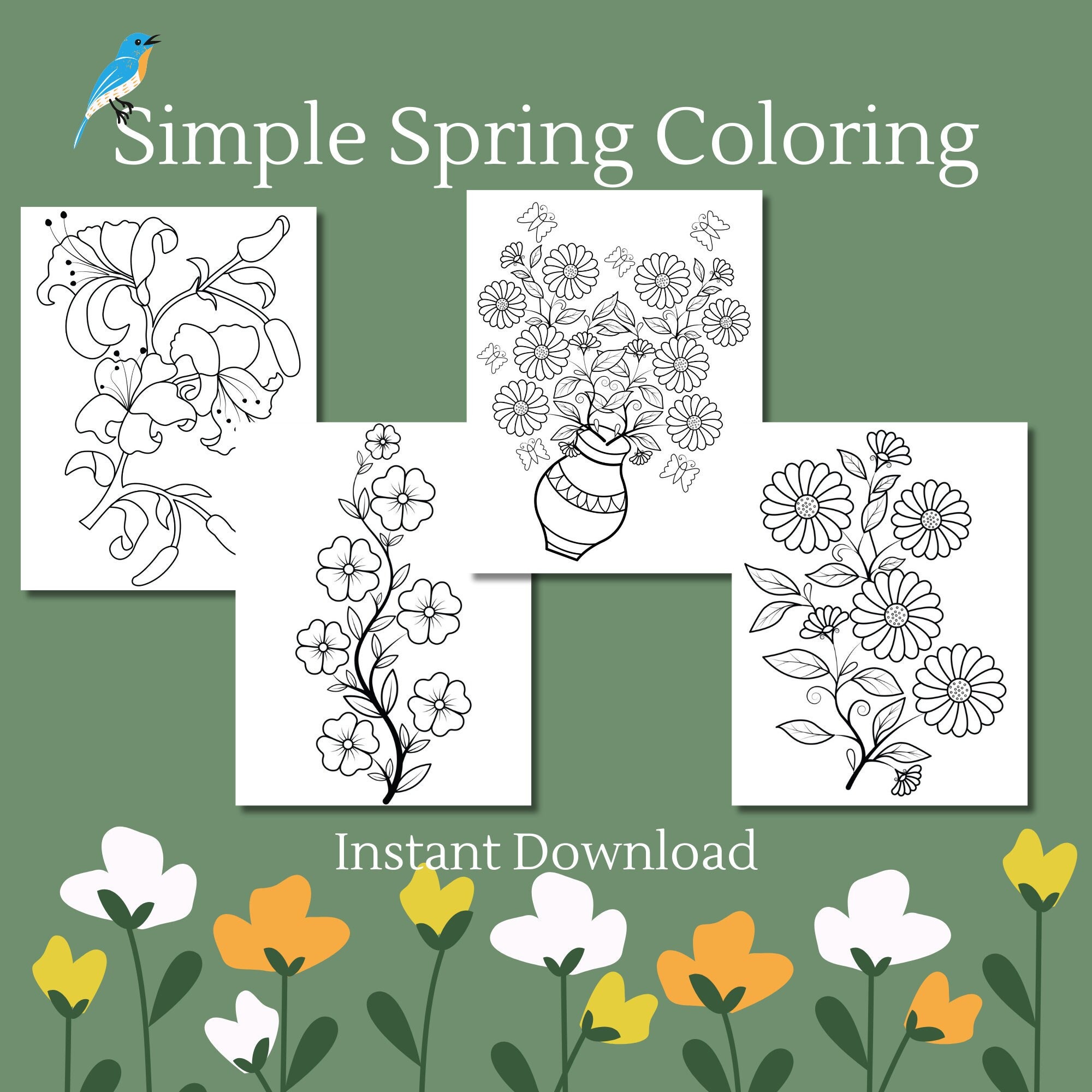 Spring Illustrations Coloring Page Set,simple Spring Coloring, Spring ...