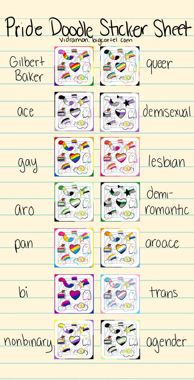 Pride Doodles Sticker Sheet Queer, Rainbow, Ace, Aro, Aroace, Pan, Bi, Gay, Lesbian, Trans ...