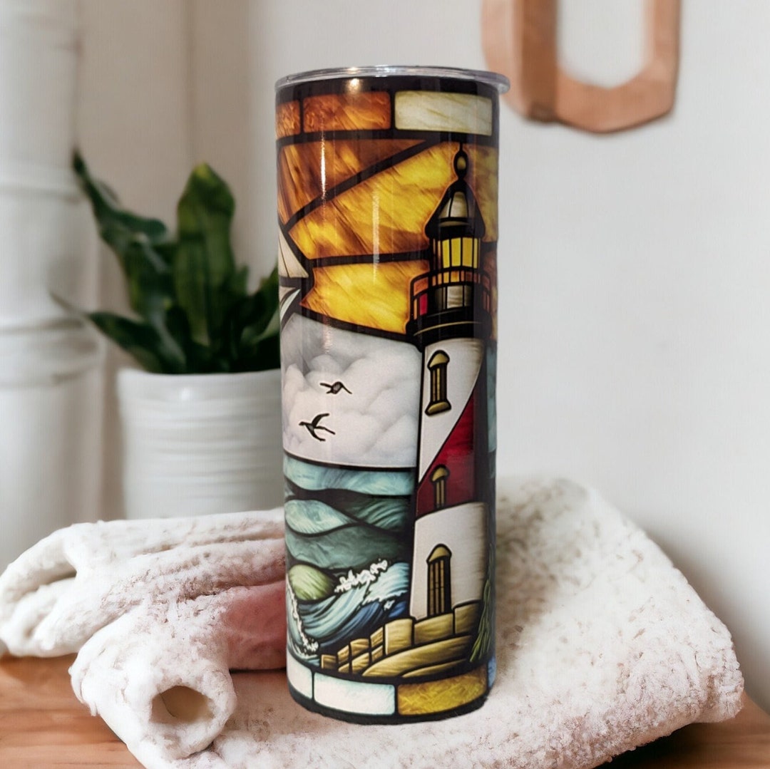 Beautiful Lighthouse Tumbler With A Stained Glass Design, Lighthouse ...