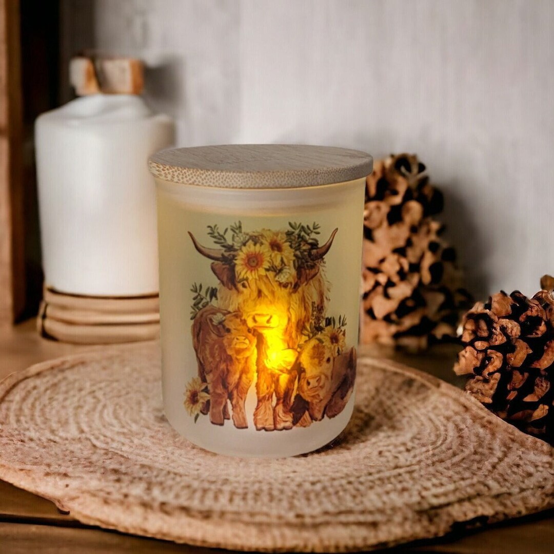 Glass Highland Cow Candle Holder With A Battery Operated Flickering Tea ...