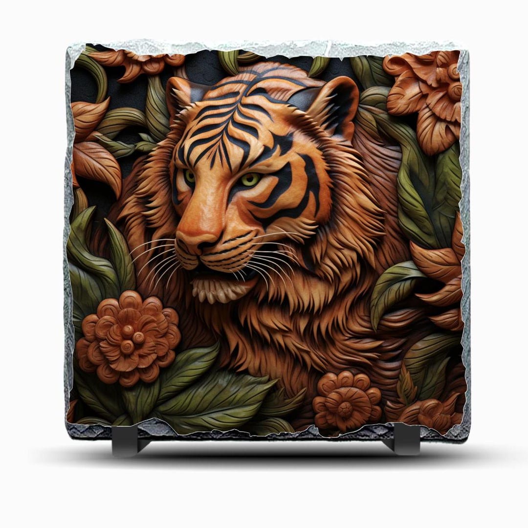 Slate Tiger Picture With Display Legs, Carved Wood Like Design Picture ...