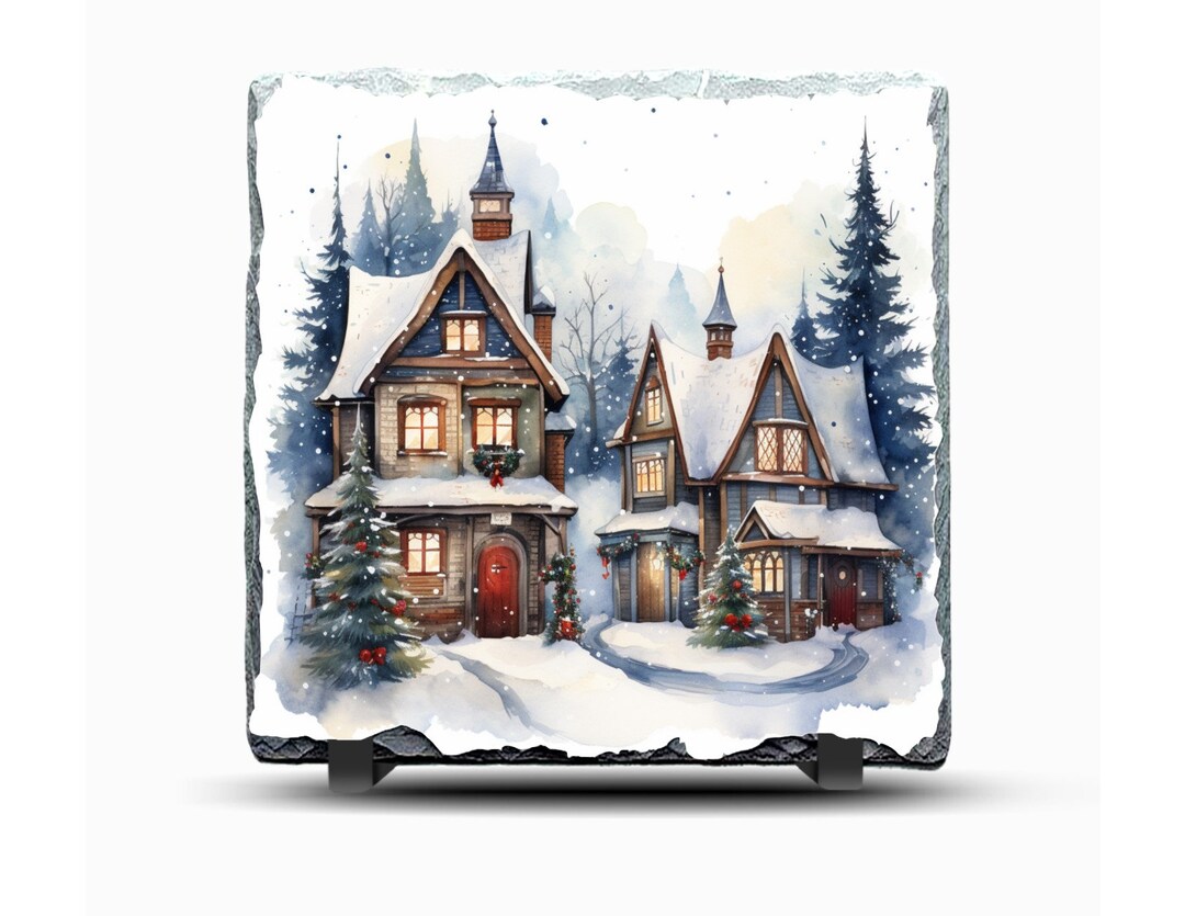 Festive Christmas Winter Scene Slate Picture Handmade Holiday Decor ...