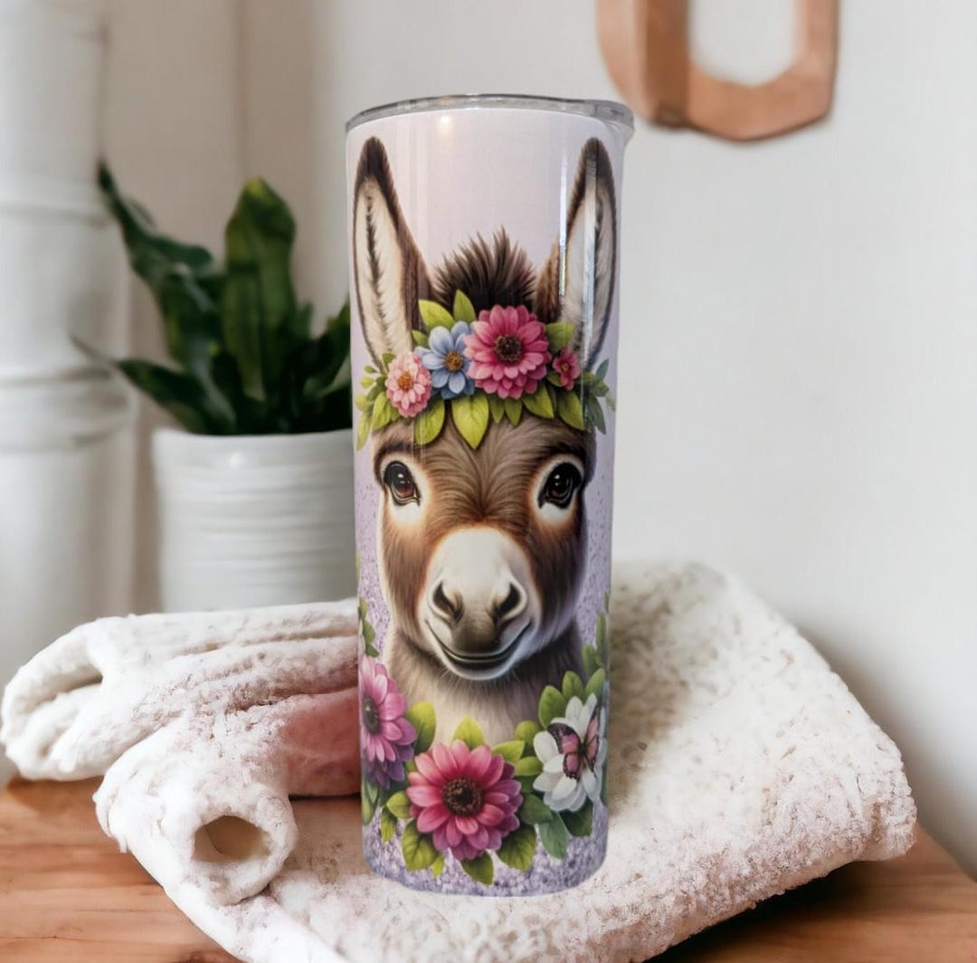 Donkey Tumbler With Flowers and A Glitter Design, Unique Drinkware for ...