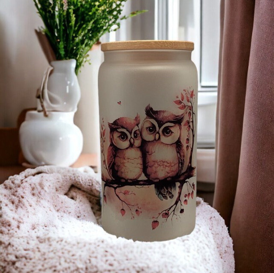 Pretty Owl Glass With Two Owls Sitting Together on A Tree Branch ...