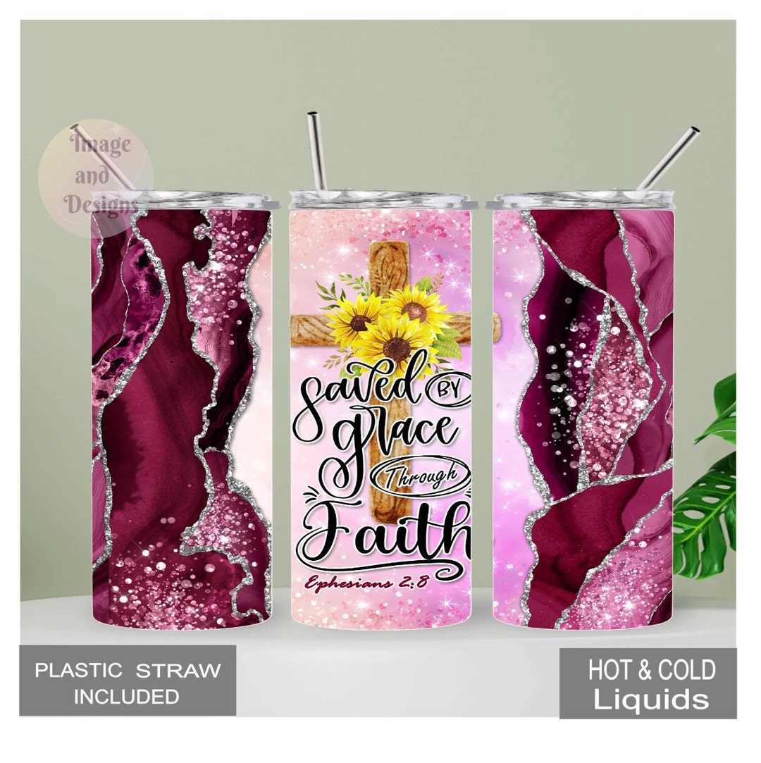 Bible Verse Inspired Tumbler With Cross Design, Ephesians 2:8, Glitter ...