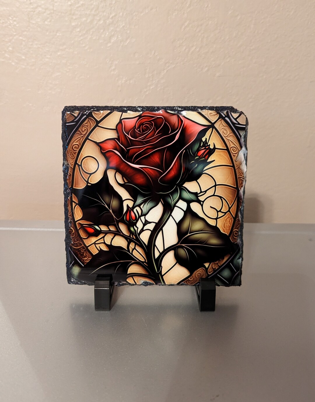 Red Rose Slate Picture, Red Rose Plaque, Flower Decor, Red Rose Photo ...