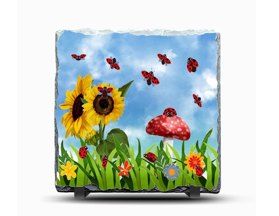 Slate Ladybug Picture With Ladybugs and Sunflowers, Ladybug Picture ...