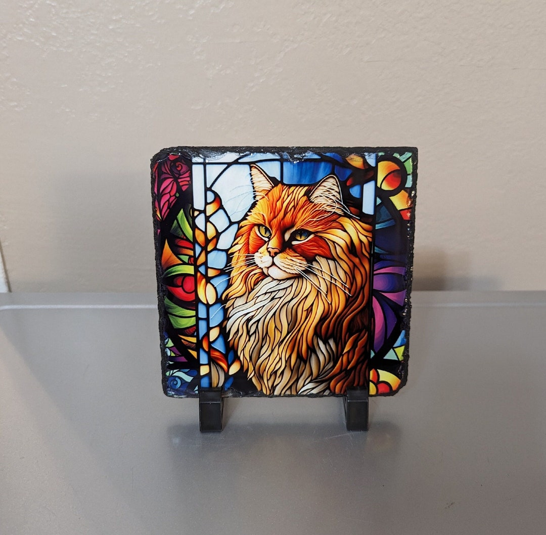 Decorative Slate Cat Photo With Vibrant Stained Glass Design - Perfect ...