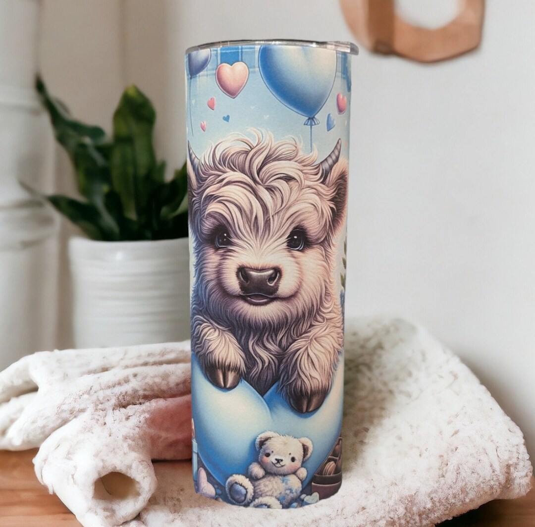 Cute Highland Cow Calf Tumbler With Blue Hearts and Flowers, Can Be ...
