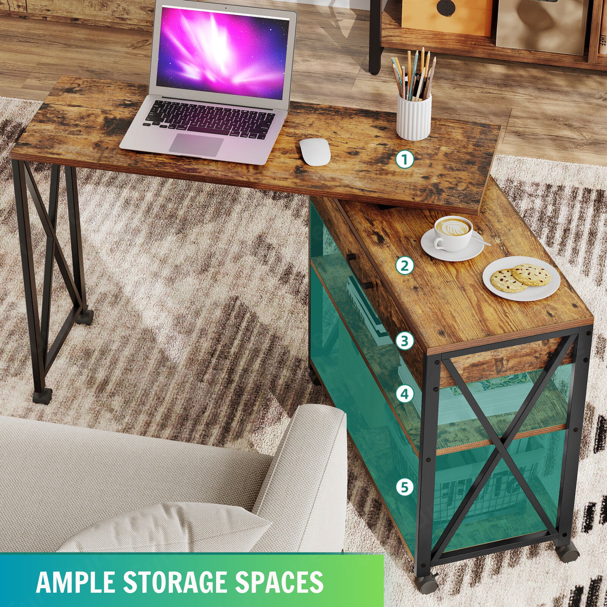 End Table Mobile Couch Desk With 2 Tier Storage Shelves, 360 Rotating ...