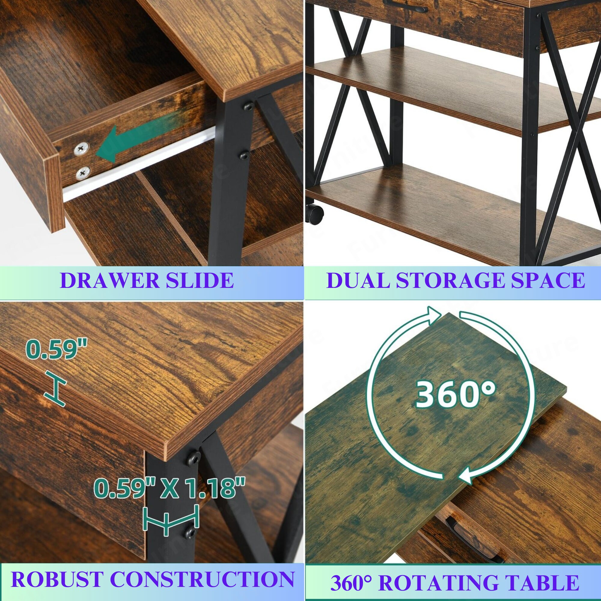 End Table Mobile Couch Desk With 2 Tier Storage Shelves, 360 Rotating ...