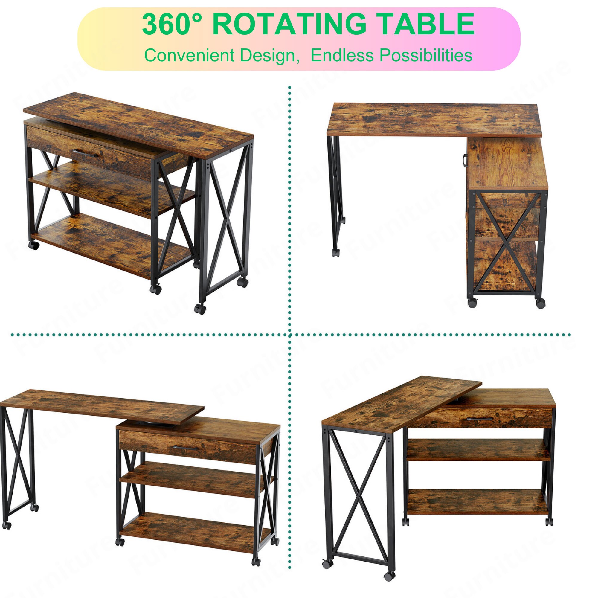 End Table Mobile Couch Desk With 2 Tier Storage Shelves, 360 Rotating ...