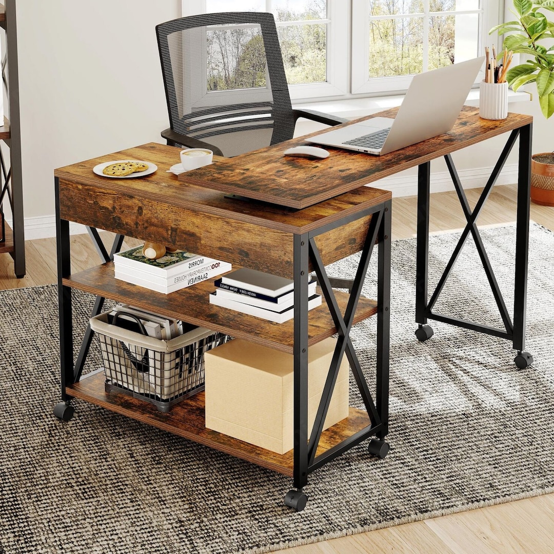 End Table Mobile Couch Desk With 2 Tier Storage Shelves, 360 Rotating ...