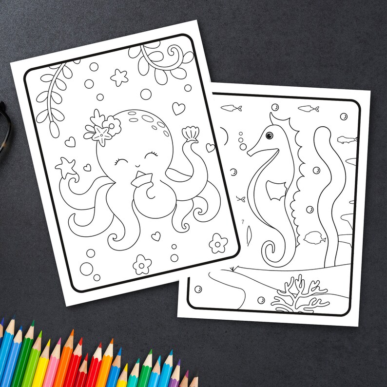 Ocean and Sea Life Coloring Book for Kids | Cute 60 Digital Coloring ...