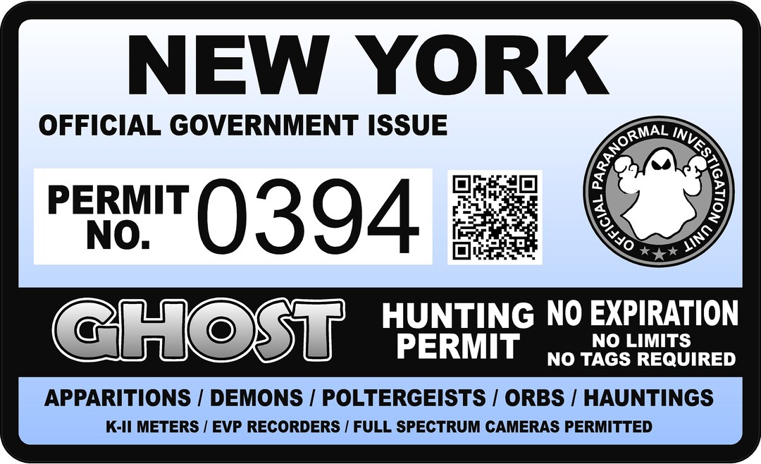 New York NY Ghost Hunting Hunter Permit Sticker Self Adhesive Vinyl Usa ...