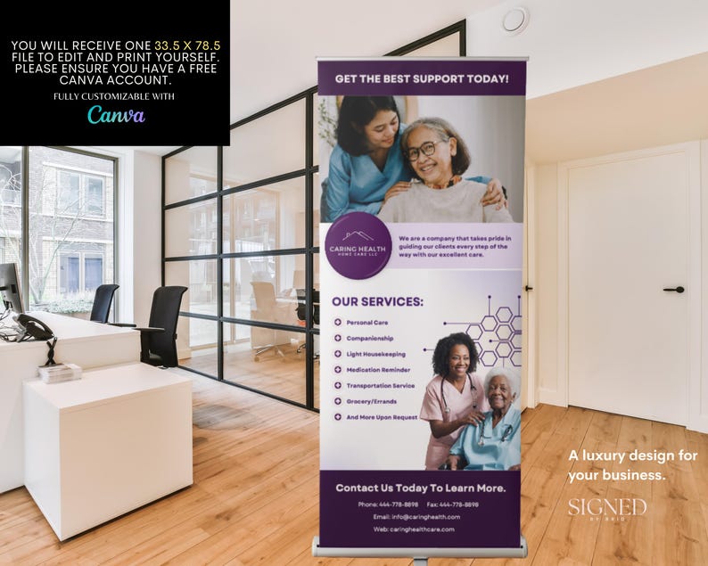 DIY Home Care Retractable Banner Template, Purple Elderly Care Roll up ...