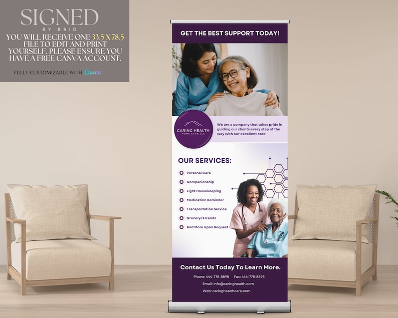 DIY Home Care Retractable Banner Template, Purple Elderly Care Roll up ...