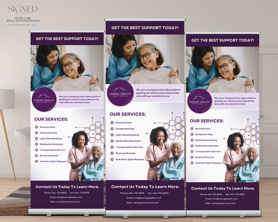 DIY Home Care Retractable Banner Template, Purple Elderly Care Roll up ...