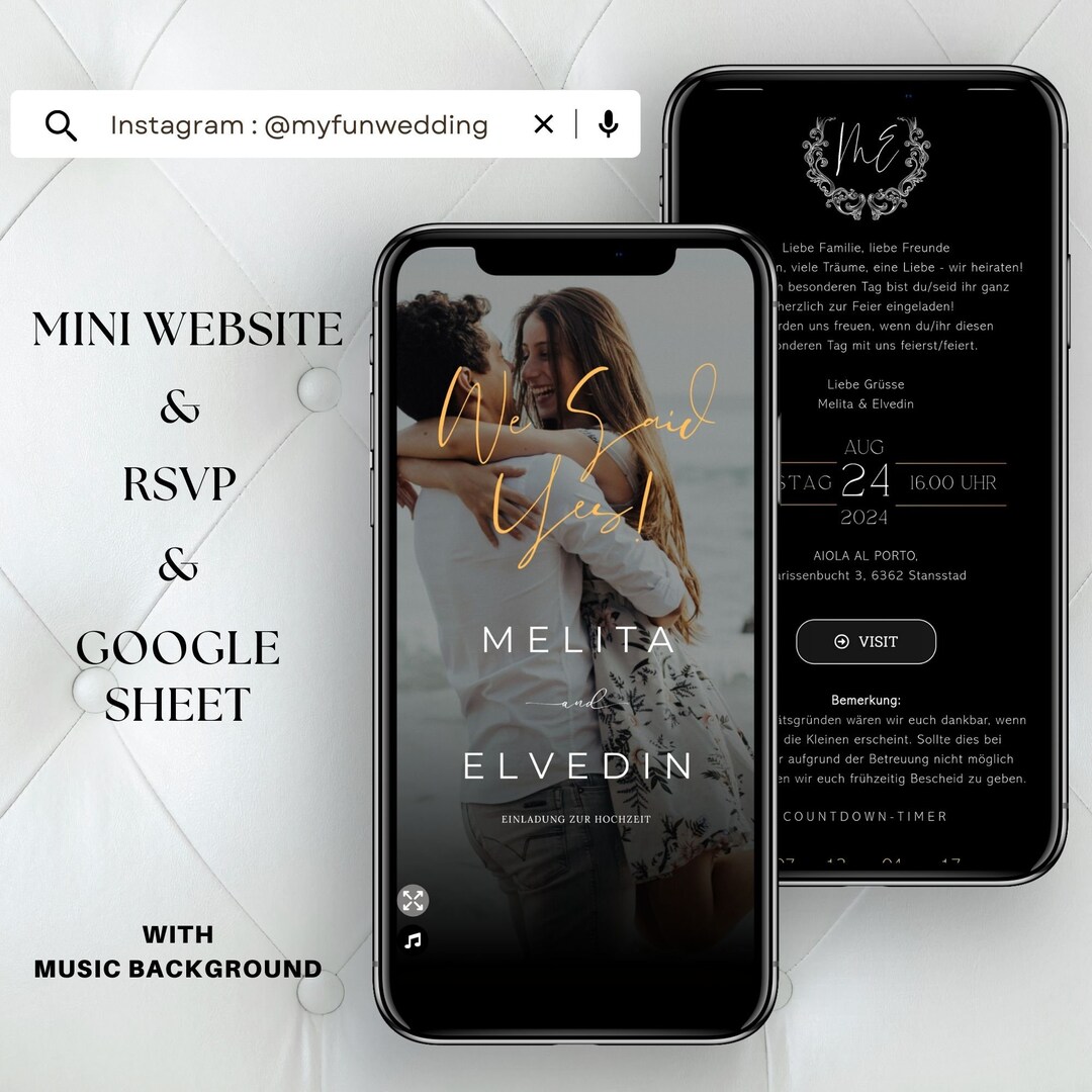 Digital Wedding Invitation & RSVP Mini Wedding Website Black White ...