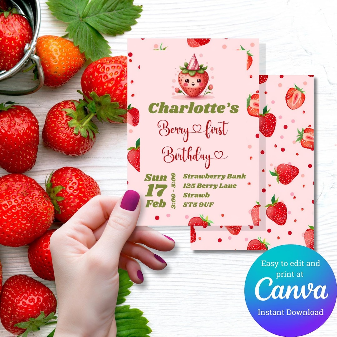 Editable Strawberry First Birthday Invitation | Cute Strawberry ...
