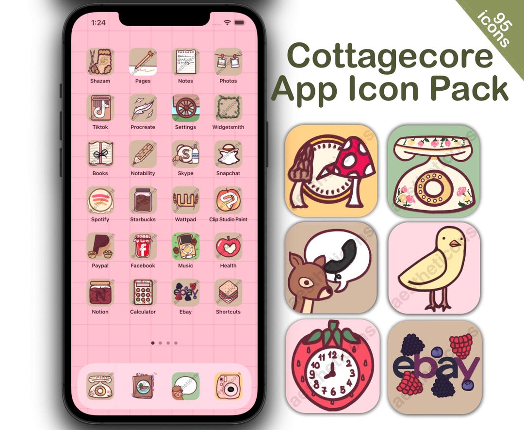Cottagecore App Icon Pack,hand Drawn Pink Theme Ios/android (digital ...