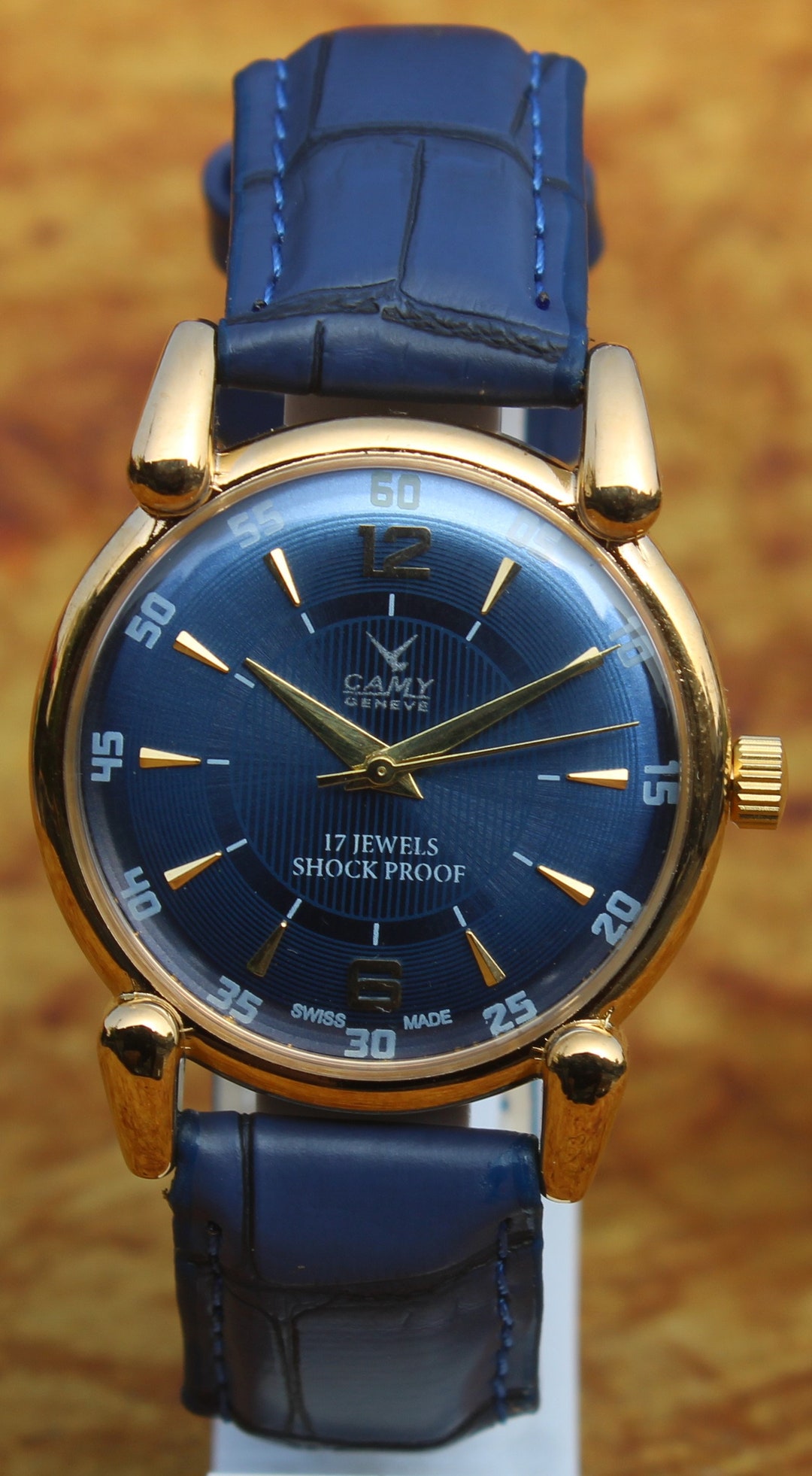 Antique Vintage 1980s Camy Geneva Swiss Made FHF ST96 17 Jewels MECHANICAL Hand Wind Blue Dial ...