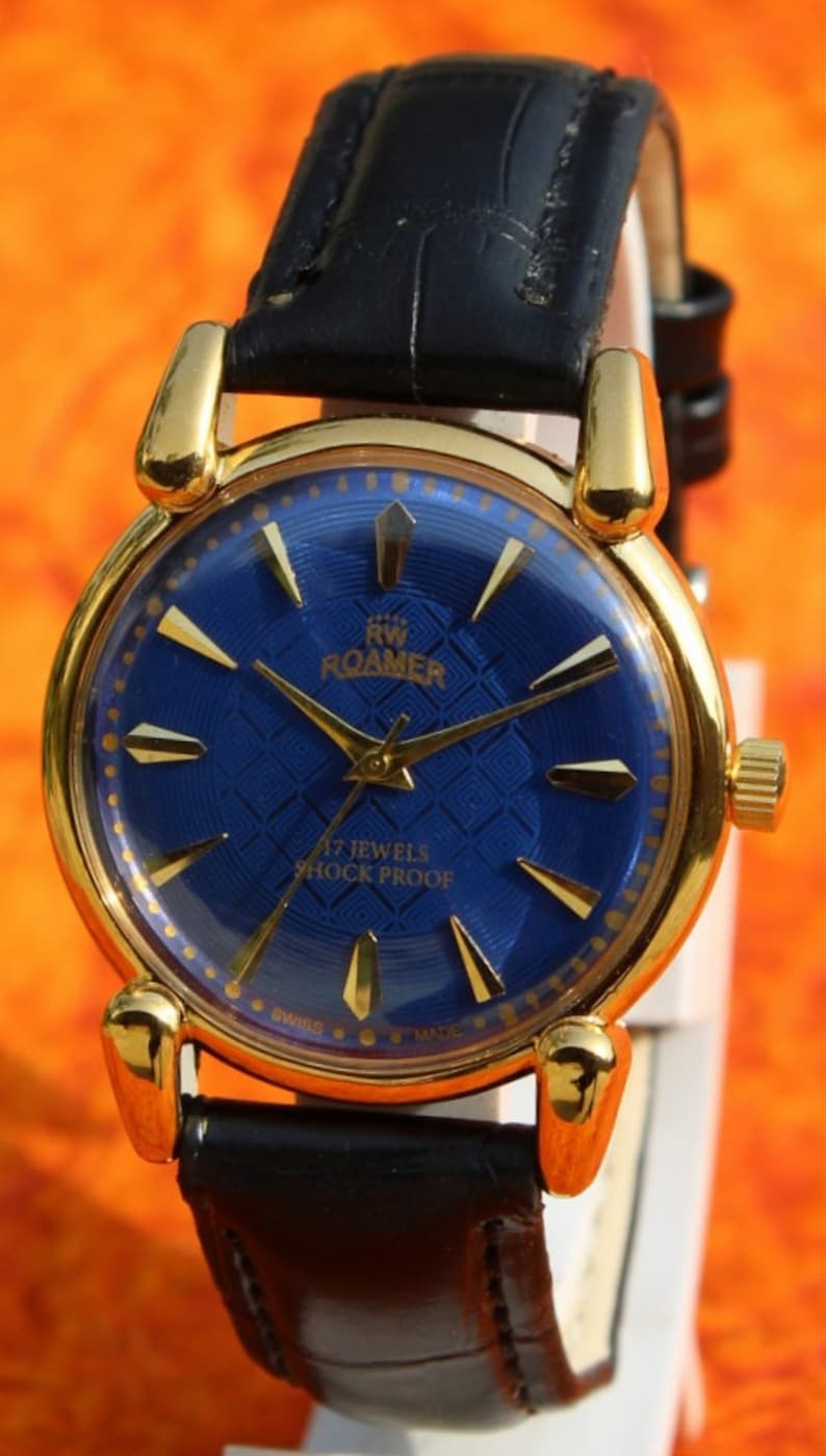 Vintage Roamer Swiss Made Men's Watch, Blue Dial, Gold Plated Case - Etsy