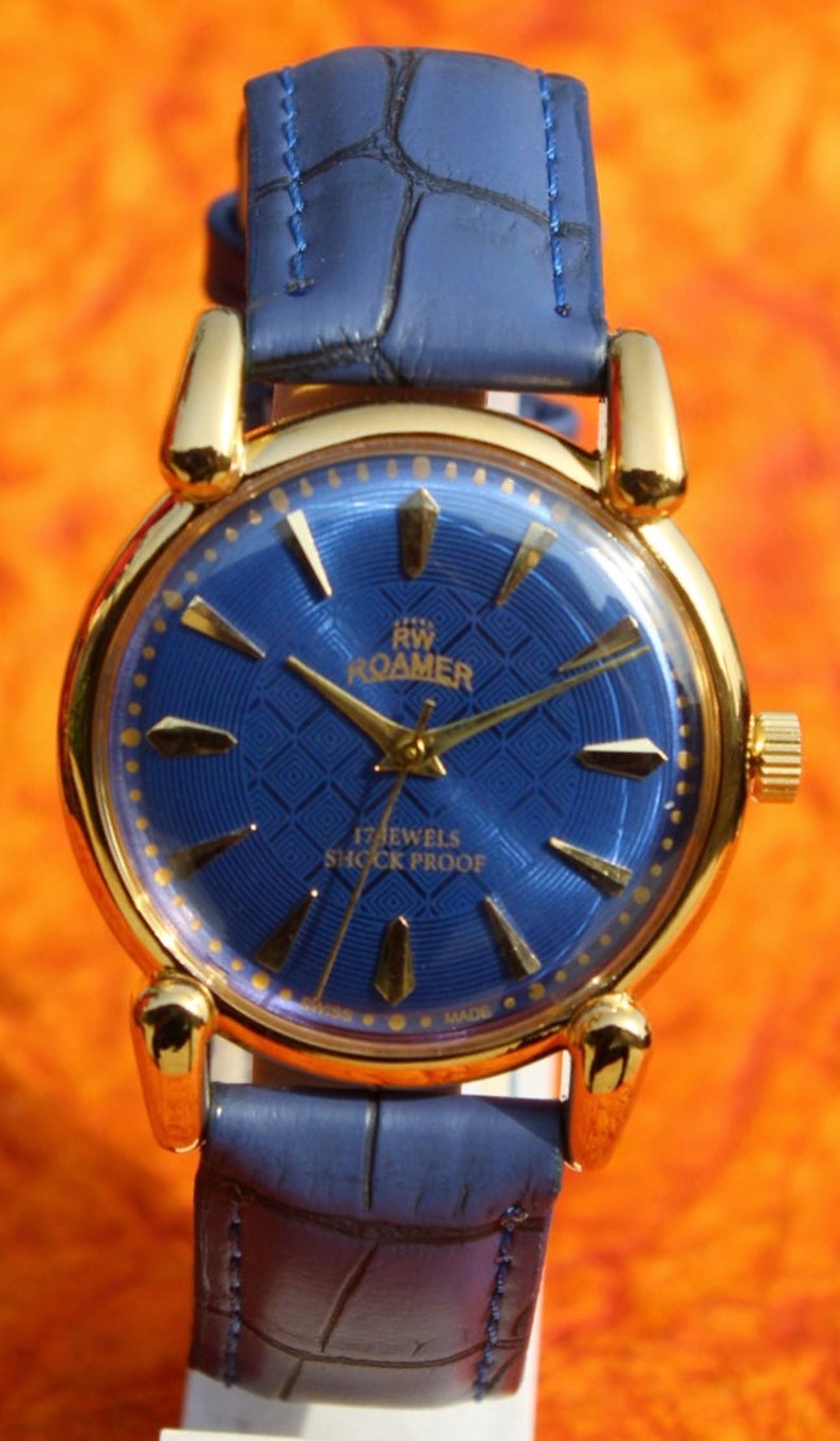 Antique Vintage Roamer 1980s Swiss Made Watch FHF ST96 17 Jewels MECHANICAL Hand Wind Blue Dial ...