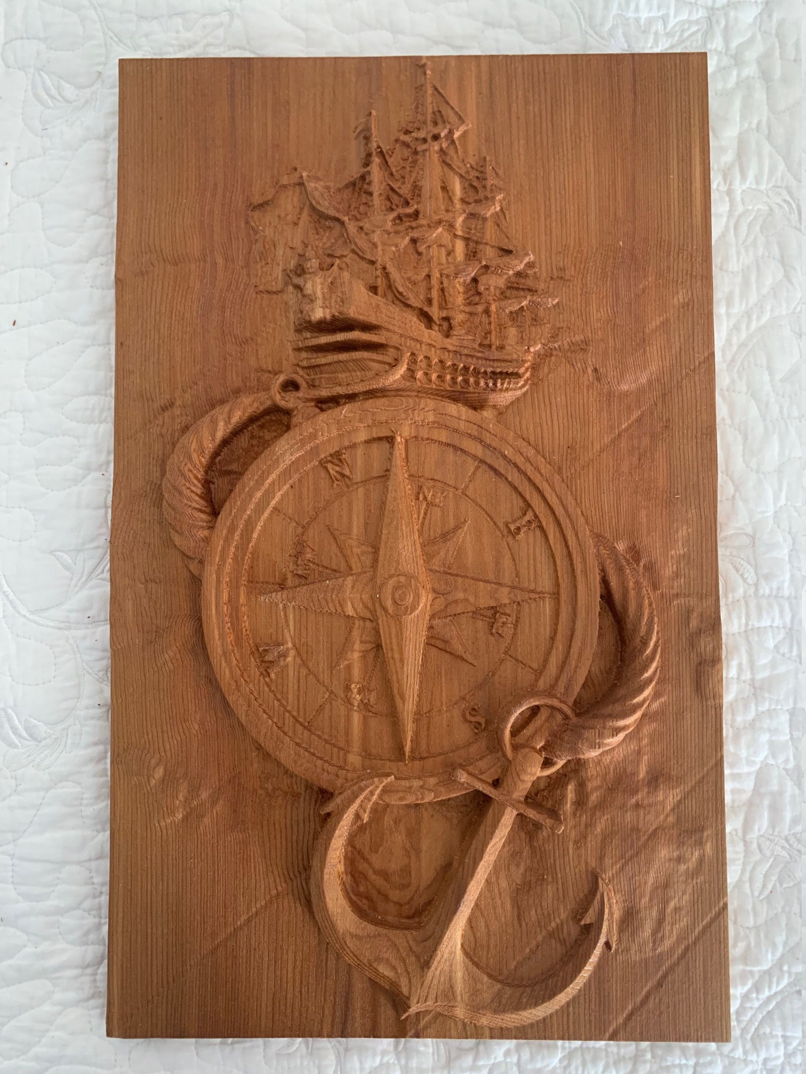 CNC Carved Wood Art Placard - Nautical Sailboat With Compass and Anchor ...