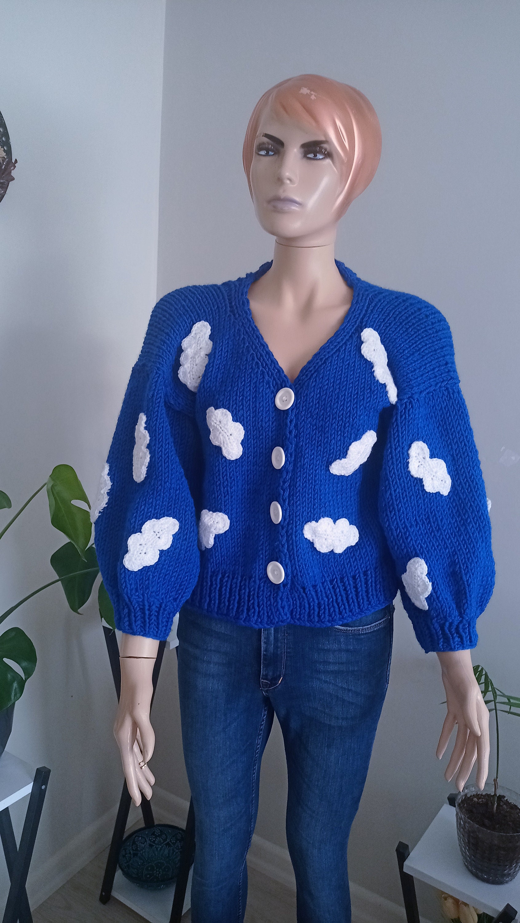 Fluffy White Cloud Embroidered Blue Short Cardigan,crochet Bloom ...