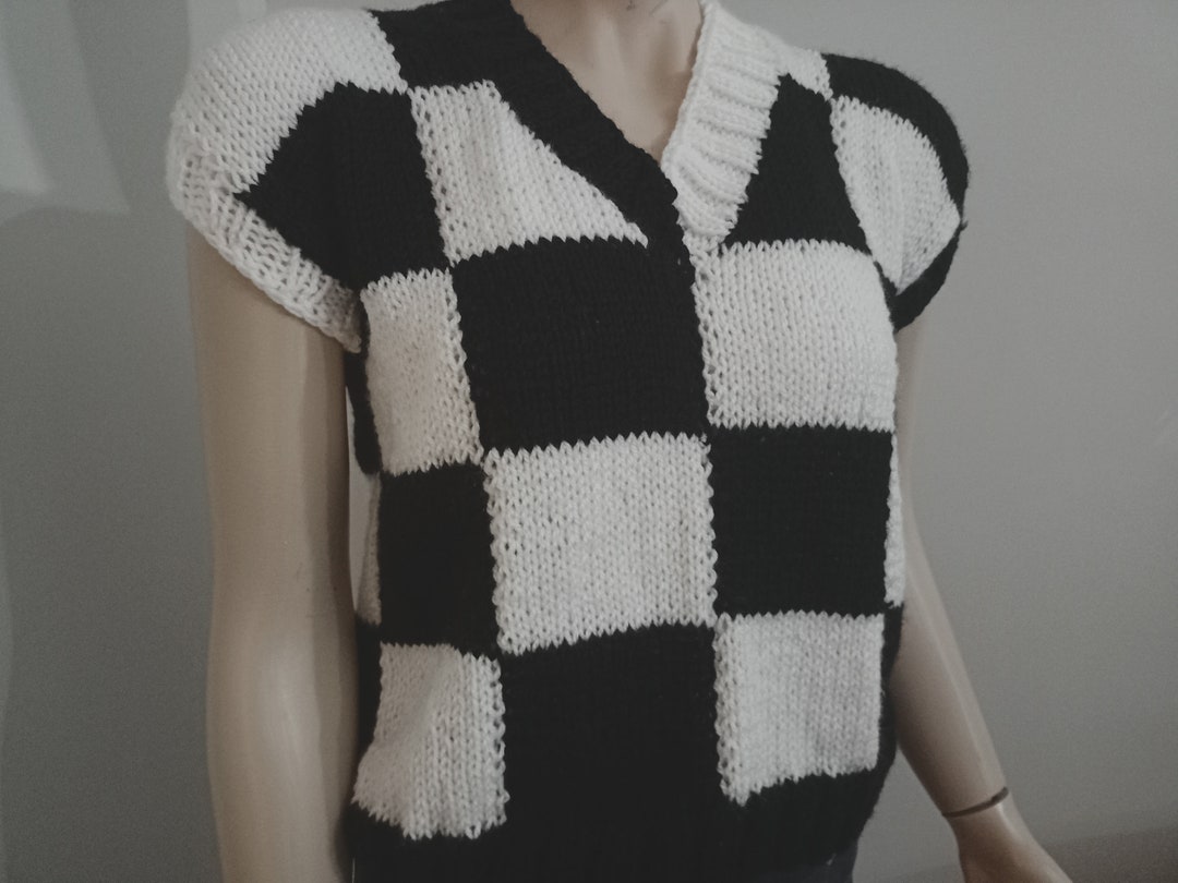 Hand Knitted Black and White Checkered Wednesday Sweater, Piece Sweater ...