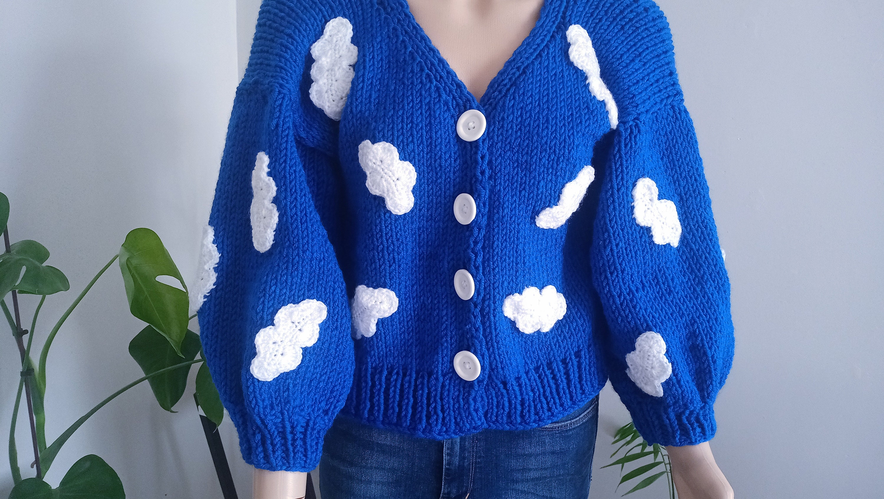 Fluffy White Cloud Embroidered Blue Short Cardigan,crochet Bloom ...