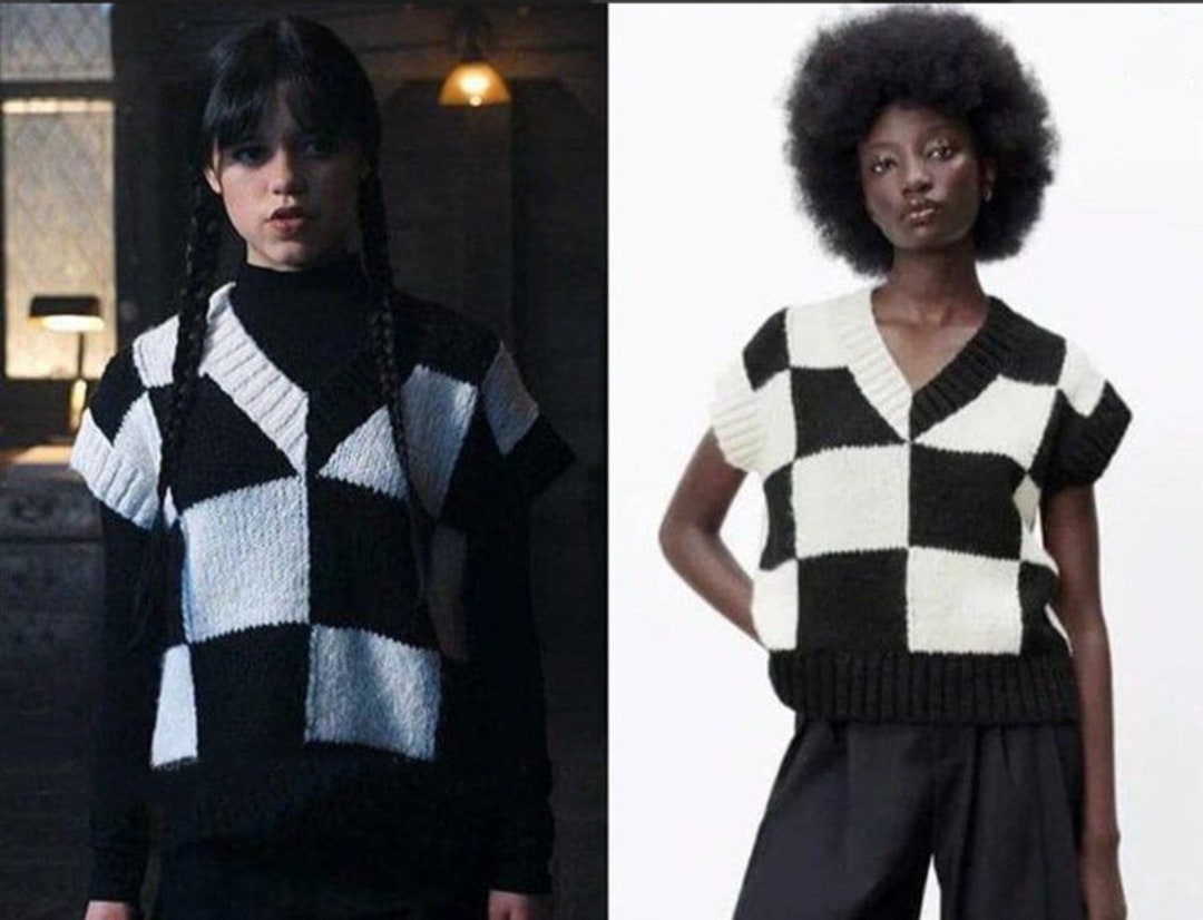 Hand Knitted Black and White Checkered Wednesday Sweater, Piece Sweater ...