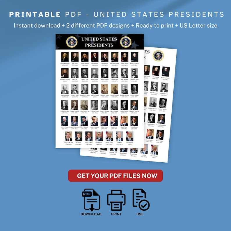US Presidents Chart: Classroom Homeschool Wall Art (printable PDF ...